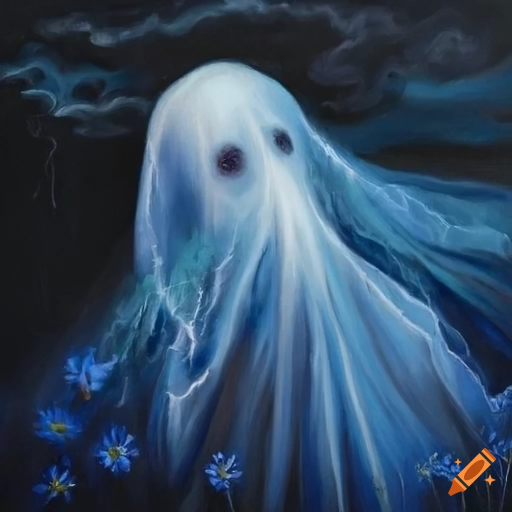 Sheet ghost in a field of blue flowers during a lightning storm, dark ...