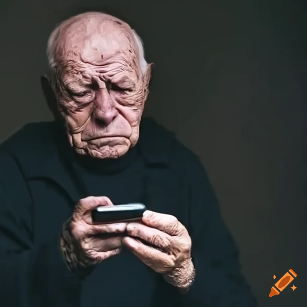 Sad older-man holds a cellphone color hyper-realistic
