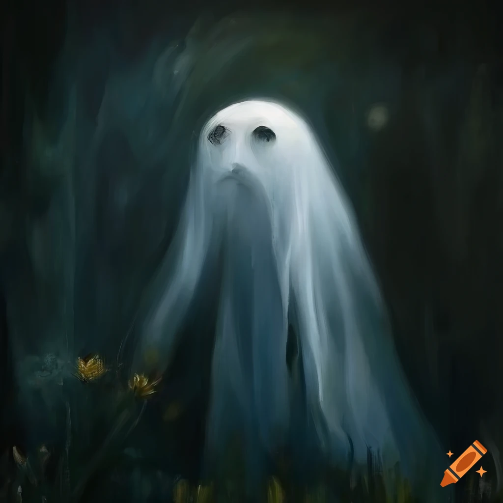 Sheet ghost in a field of flowers, dark oil painting