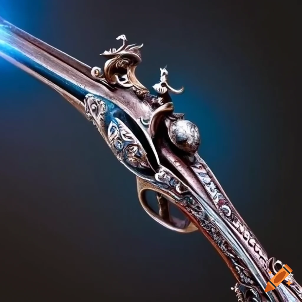 Flintlock revolver with a ember crystal and celestial bodies carved ...