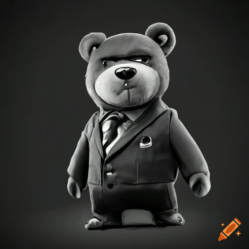 Pixar worn-out angry teddy bear hitman character design on Craiyon