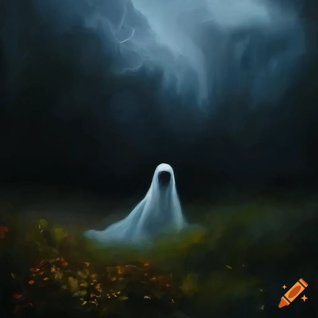 Sheet ghost in a field of flowers during a thunderstorm, dark oil ...