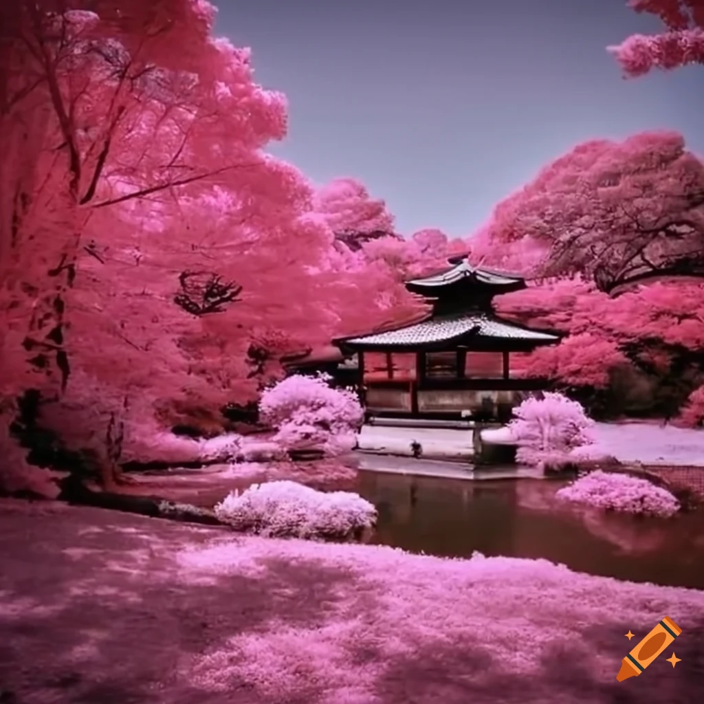 Create an infrared photography of a japanese garden on Craiyon