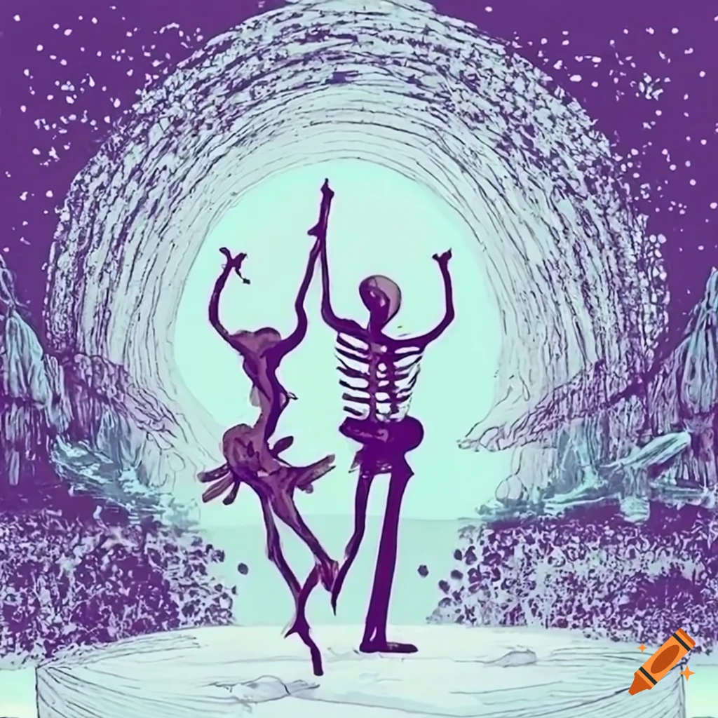 Artistic images of skeletons under stars dancing in stone landscape