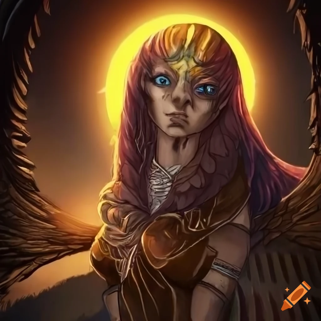 A winged humanoid sphinx with long hair in the style of a dragon age ...
