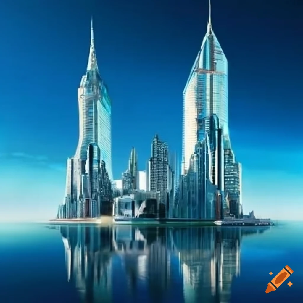 Sky city with crystal-shaped buildings