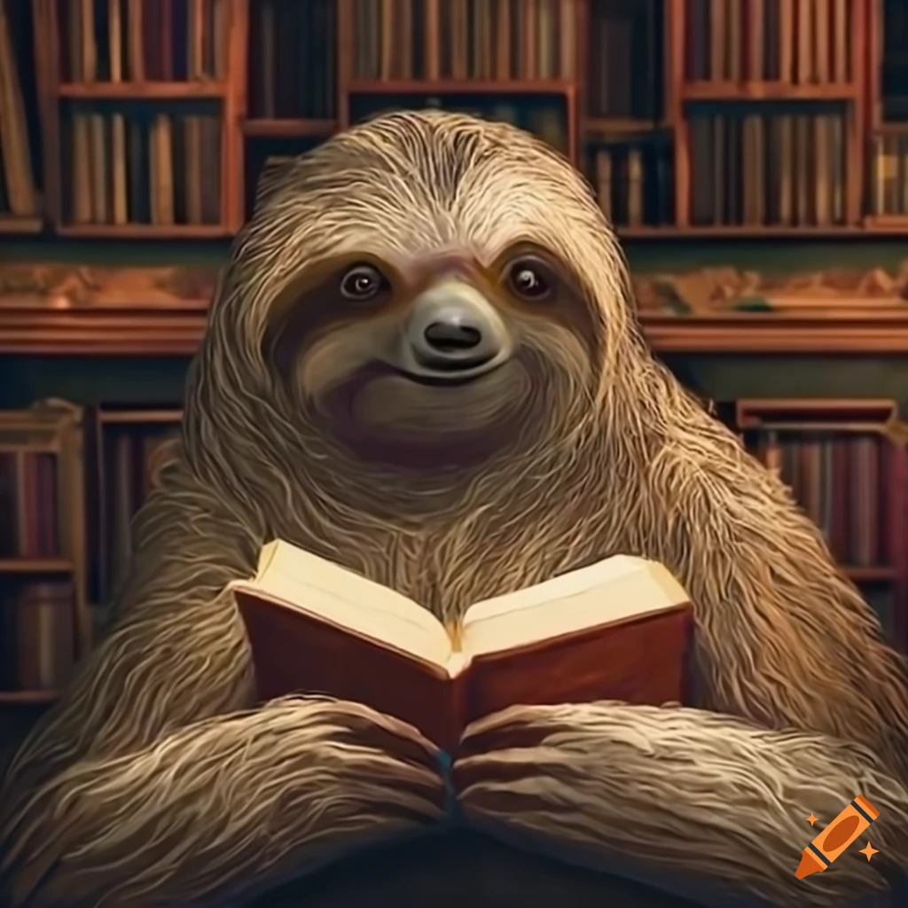 A studious sloth reading a book in a cozy victorian library on Craiyon