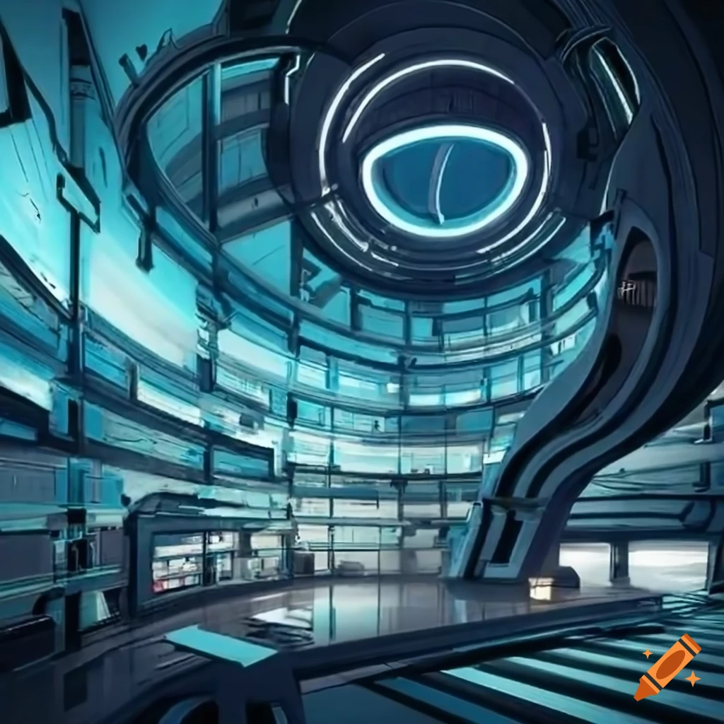 Create an image of a huge scifi futuristic campus library. The library has skylights and open ...