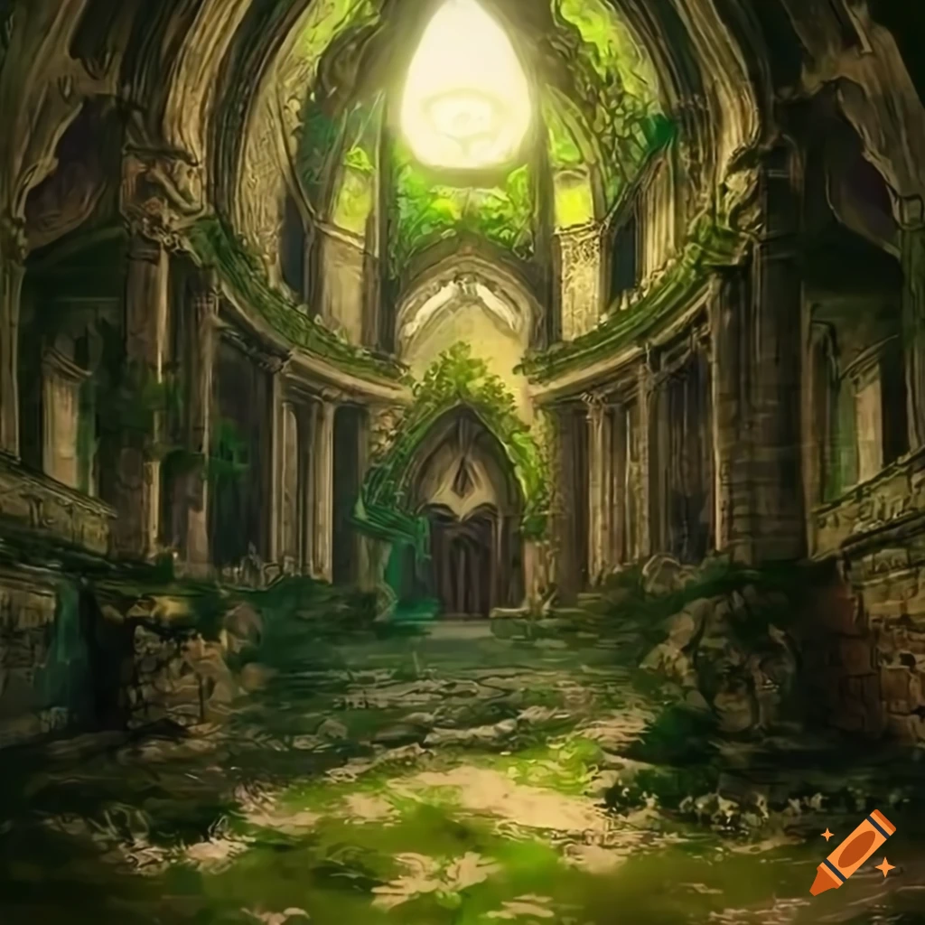 Fantasy art of an ancient abandoned hall overgrown with moss and vines ...