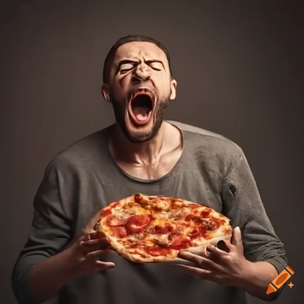 Man screaming at god for more sauce on his pizza