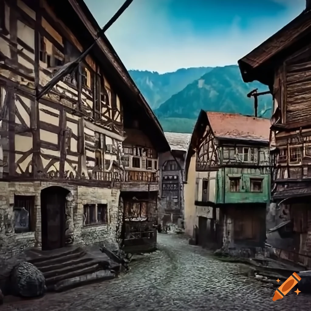 Medieval alpine hunting village german folk town market factory ...
