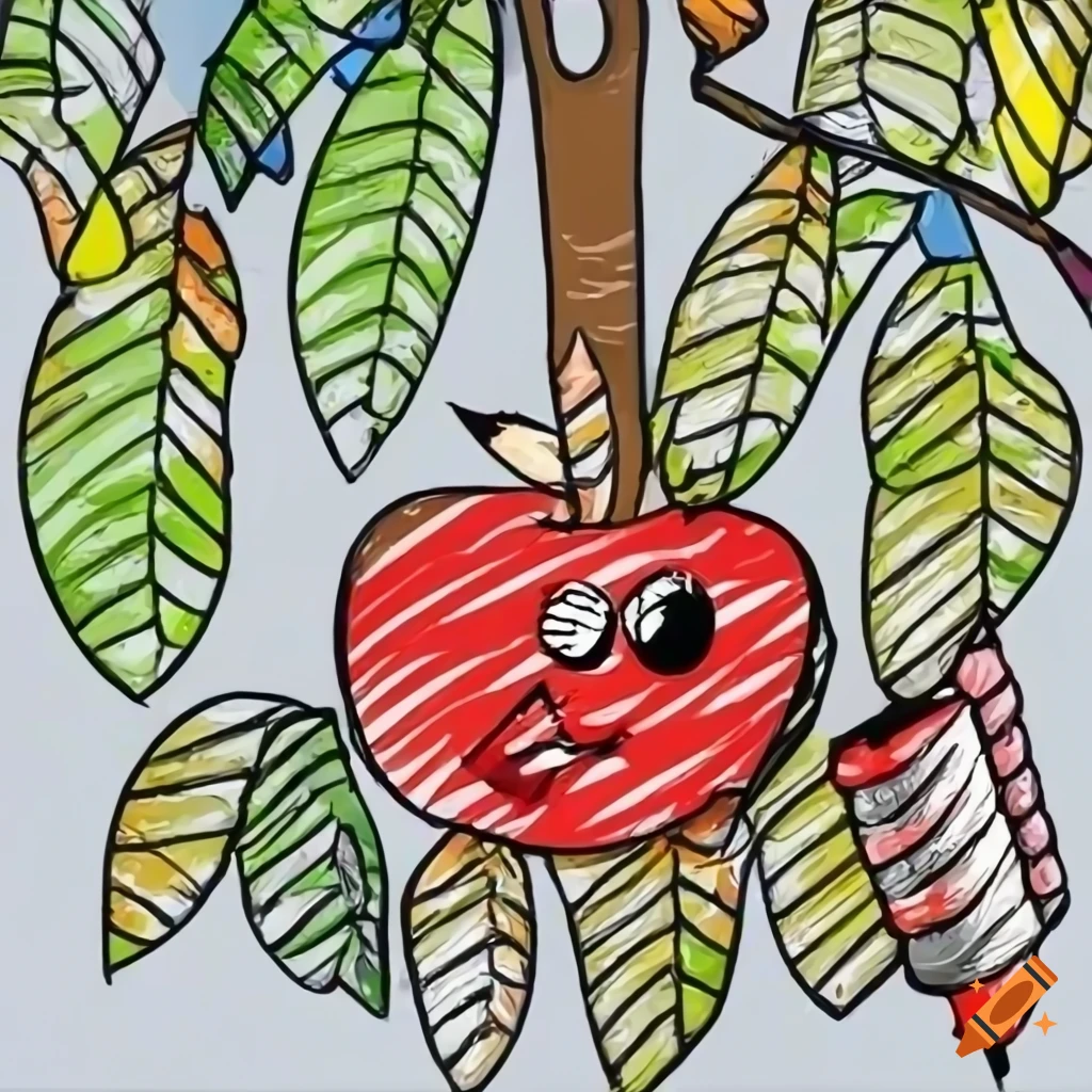 Red cartoon Apple who is coloring with crayons in a tree drawn in ...