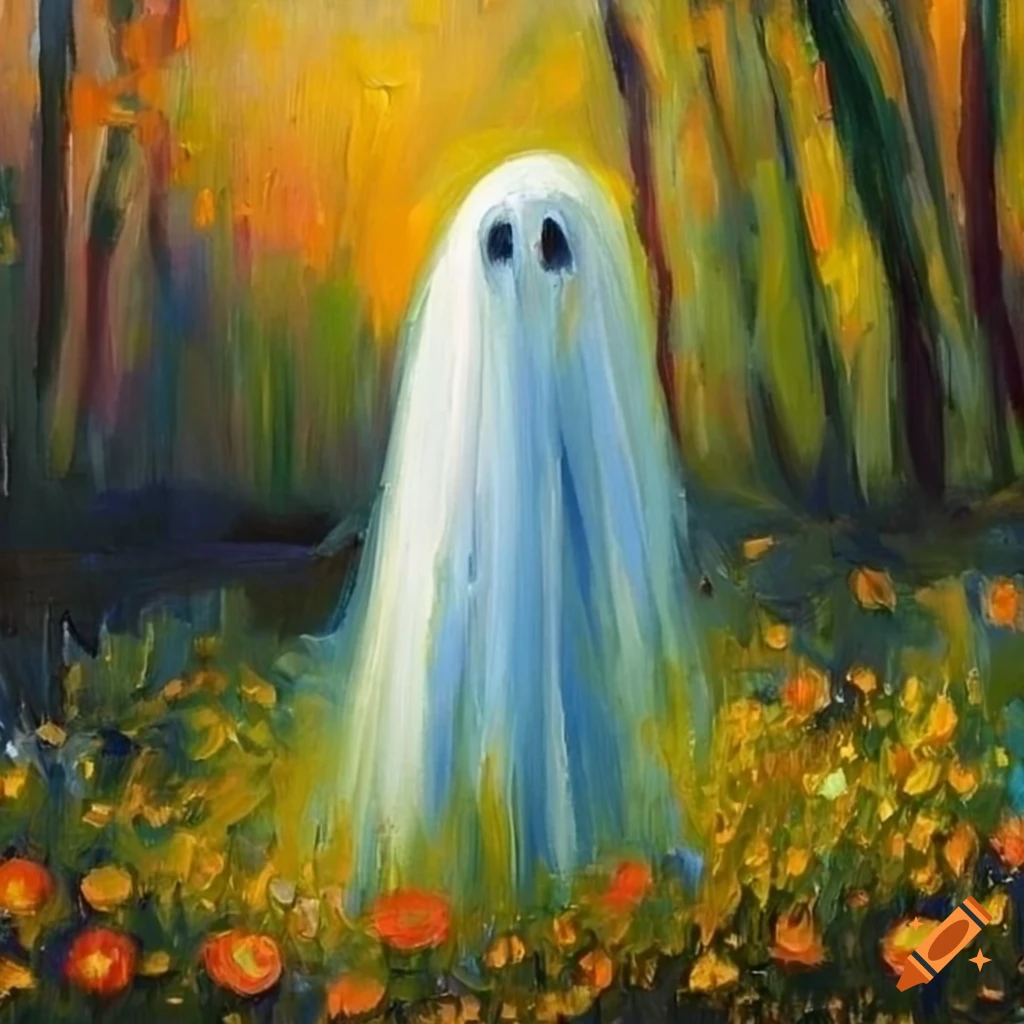 Sheet ghost in a field of bright summer flowers, oil painting