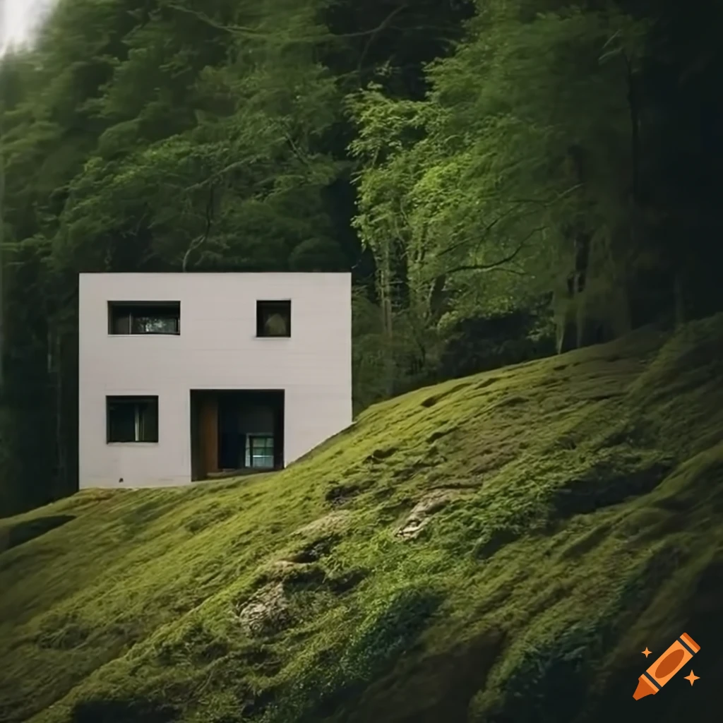 House on a slope, sourrounded by forest, foreground is a street on Craiyon