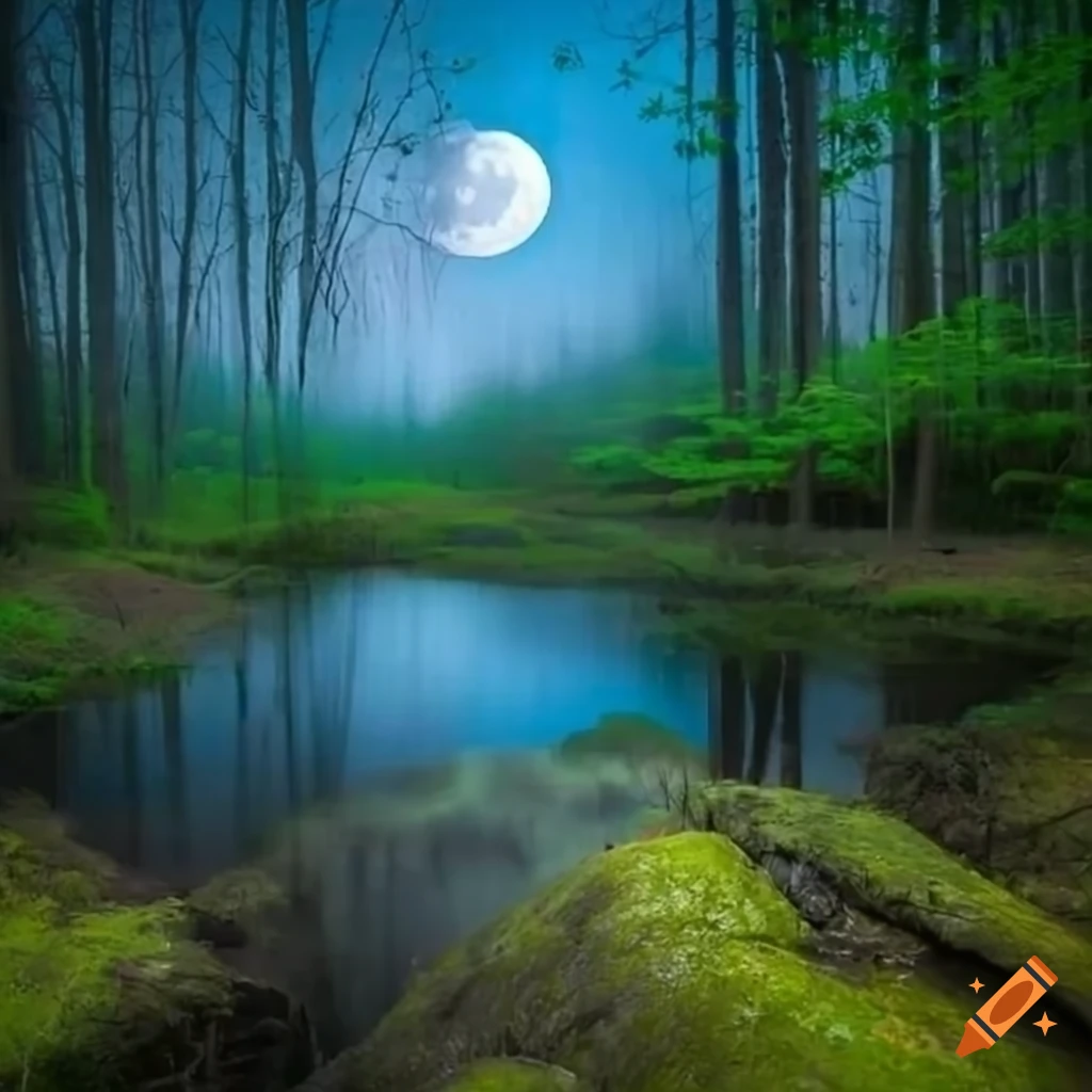 A small pond in the forest illuminated by the moon on Craiyon