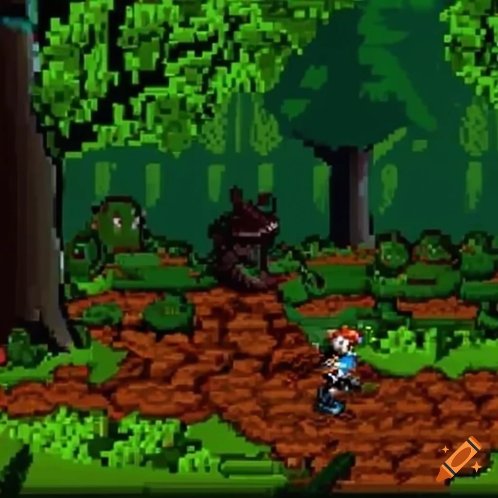 90s pixel Gameplay screenshot forest level of fusishy the warior on Craiyon
