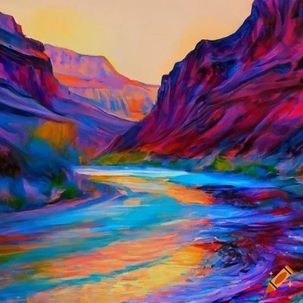 River in canyon, pastels n the style of abstract impressionism