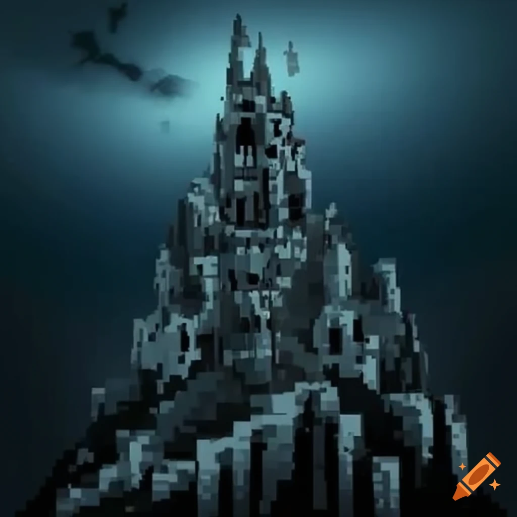 Video game pixelated spooky castle on mountain shaped like skull on Craiyon
