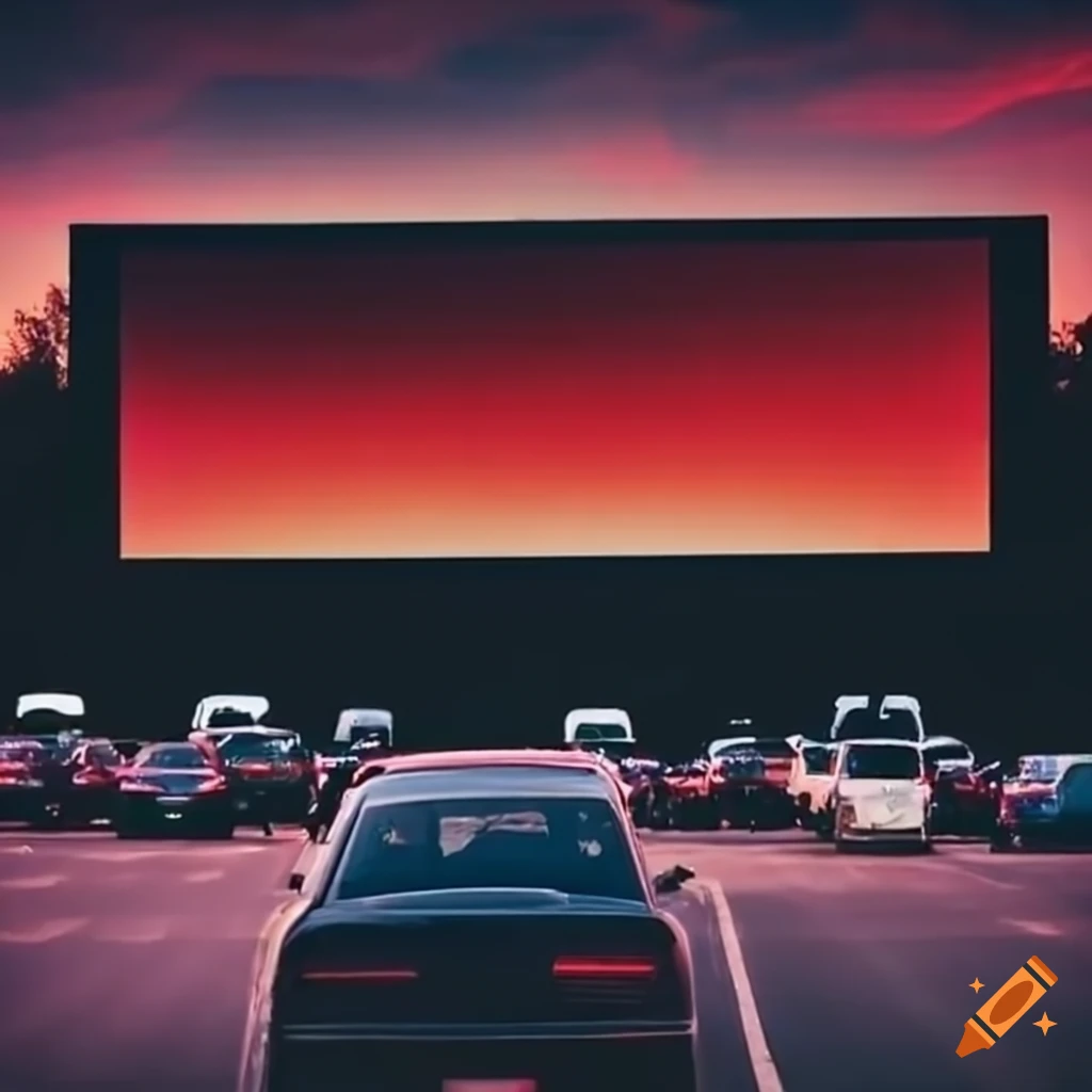 A car with look at the screen in a drive-in cinema