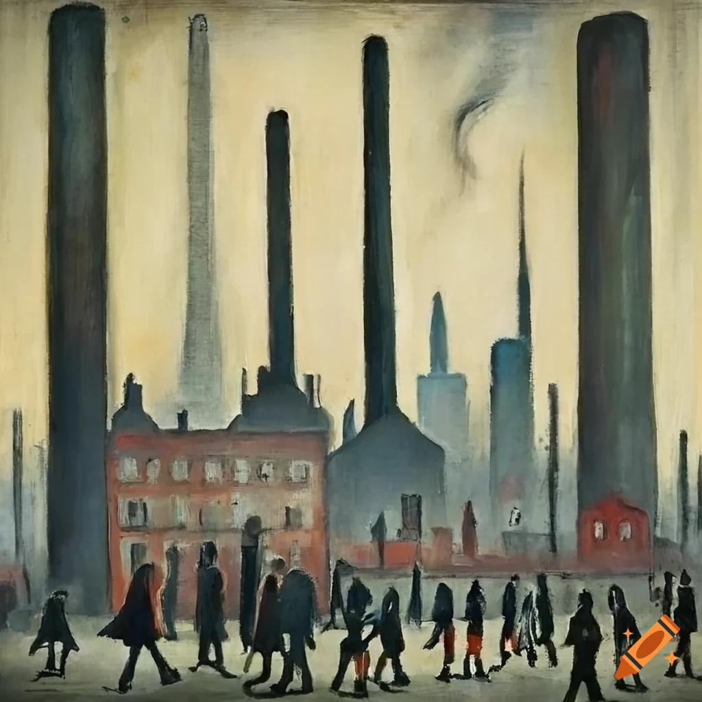 1950's industrial scene in the style of ls lowry & inki bilal