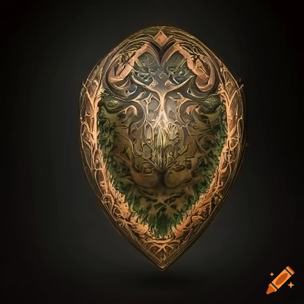 Ethereal heraldic shield with natural and elven imagery on Craiyon