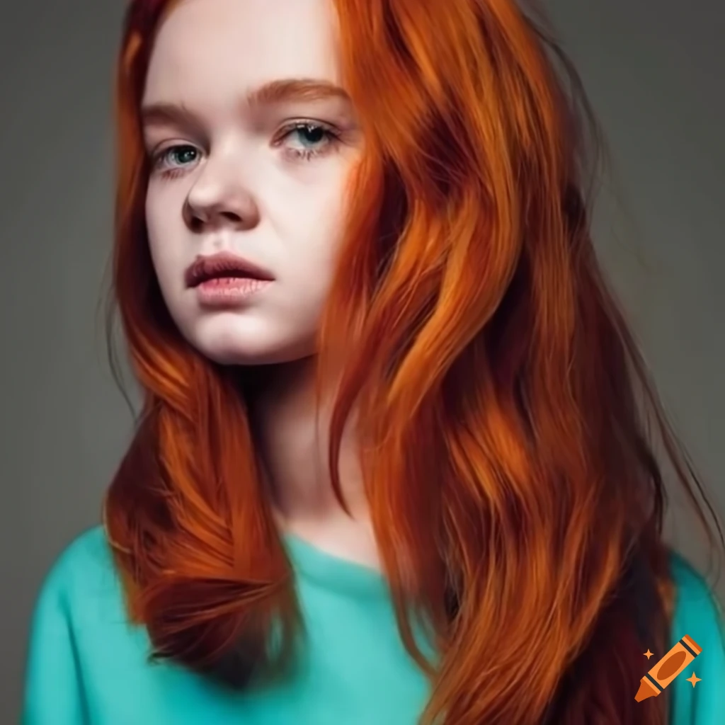 Very long red hair cailee spaeny wearing a stylish blue-pink-green ...