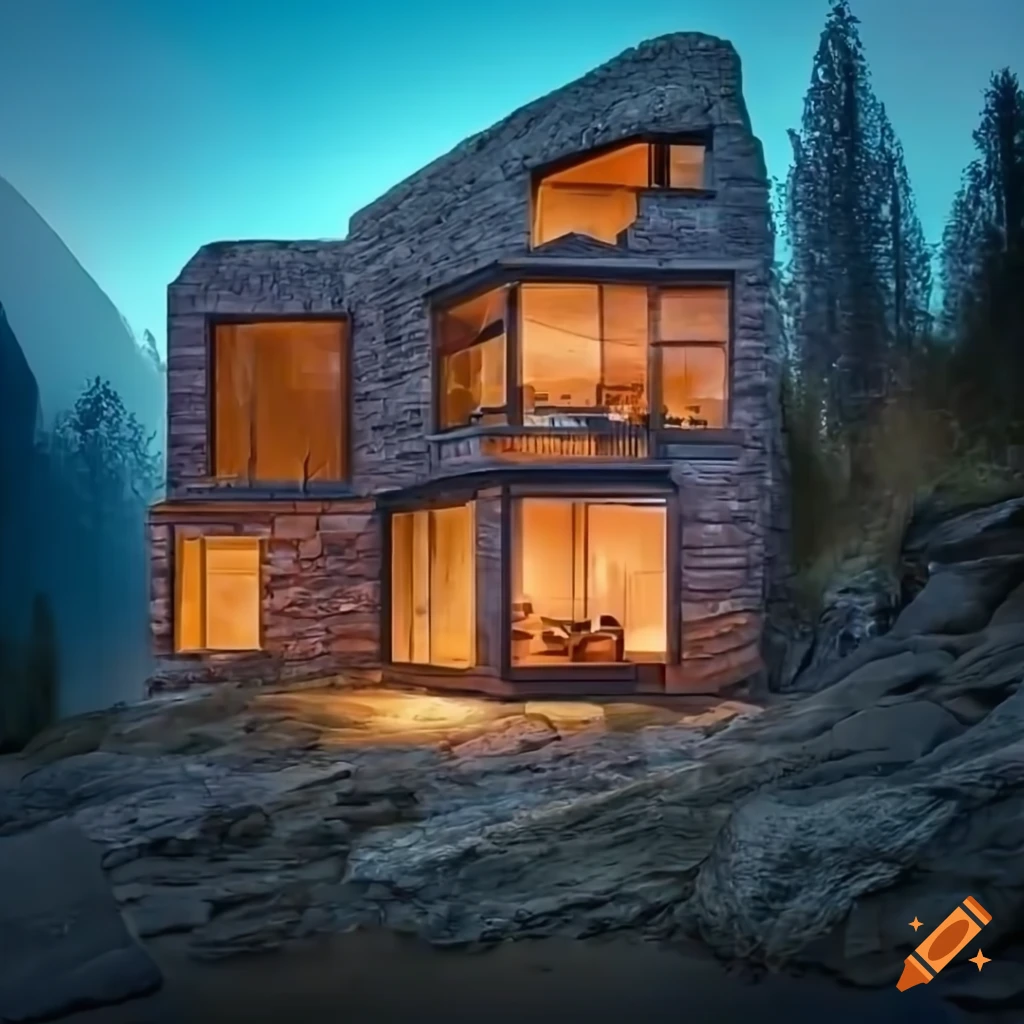 House build into granitic rocks, modern style, highly detailed subject ...