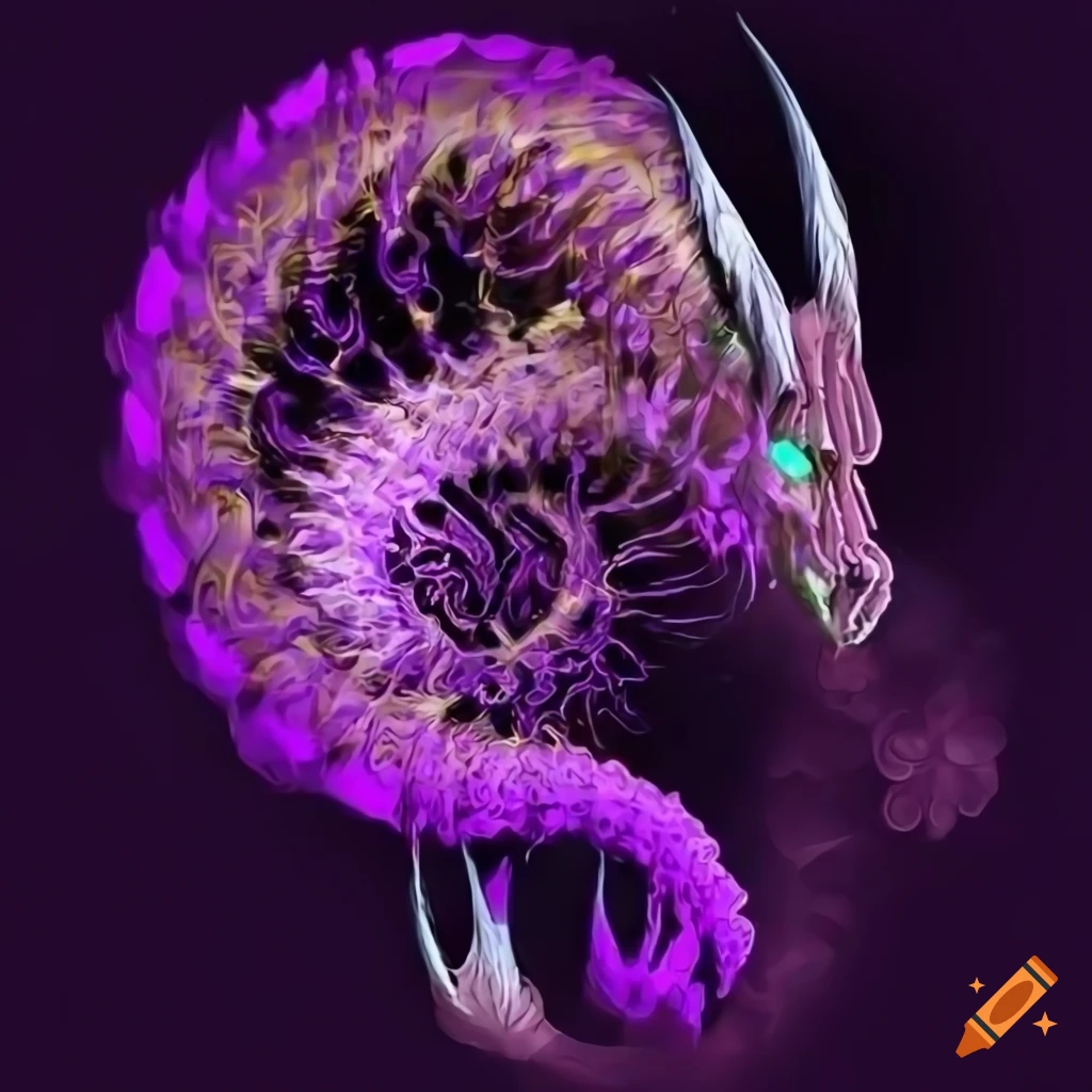 Digital artwork of a mythical creature made of codes, purple