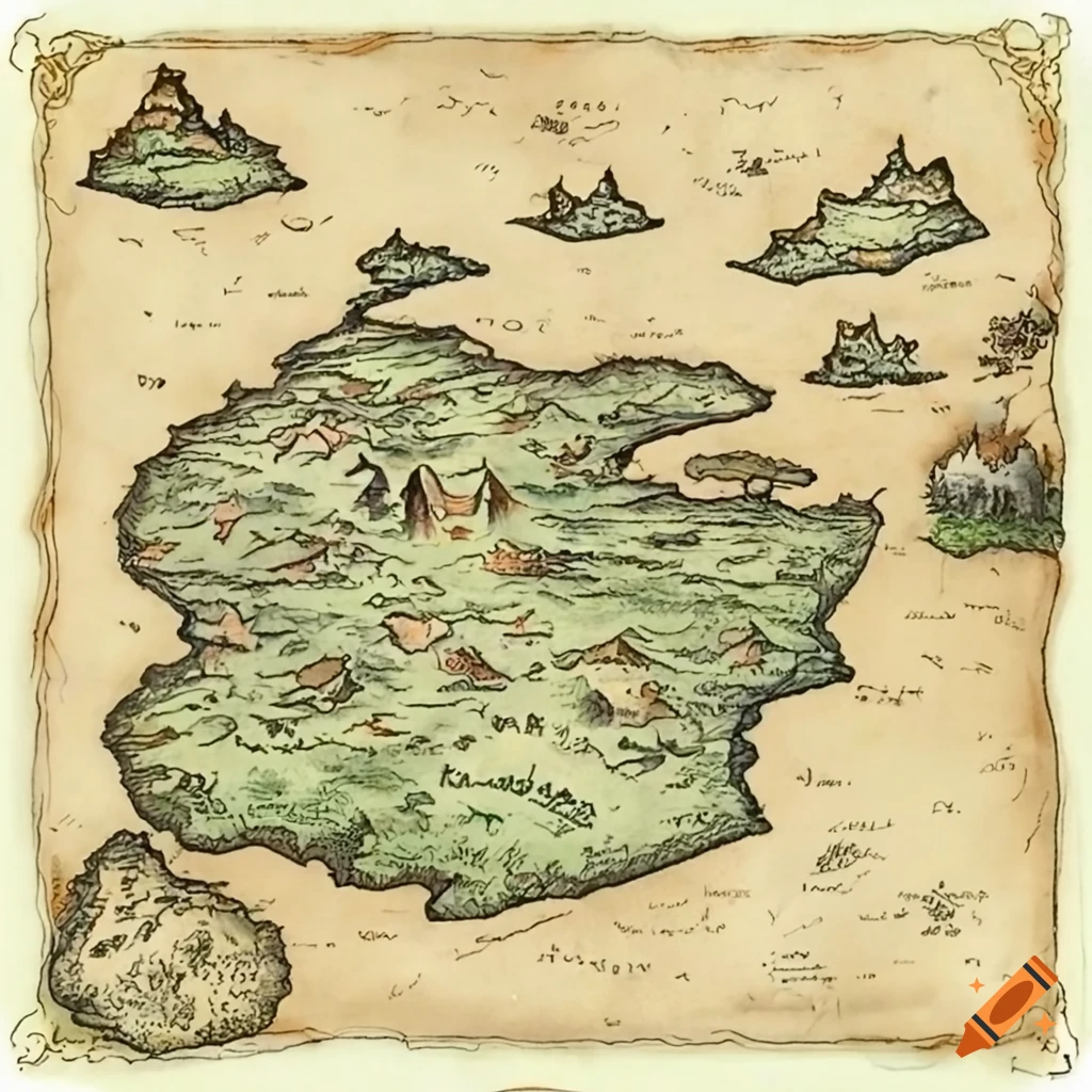 A tolkien style map of a fantasy set of islands called eryndor