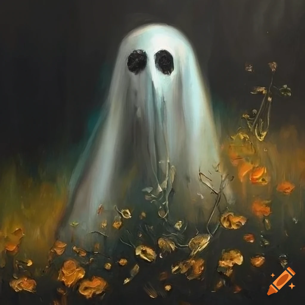 Sheet ghost in a field of flowers, dark oil painting on Craiyon