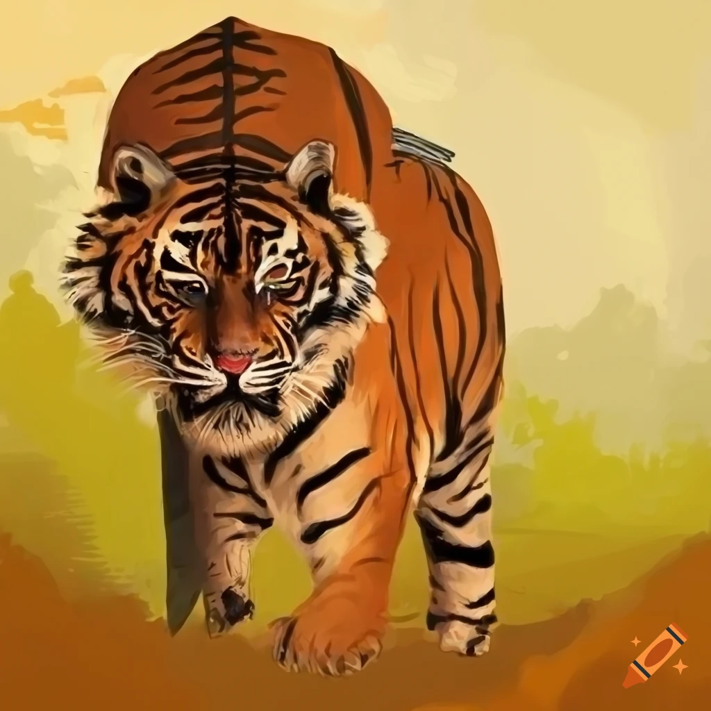 Wise old tiger in savannah acrylic illustration wide angle long shot ...