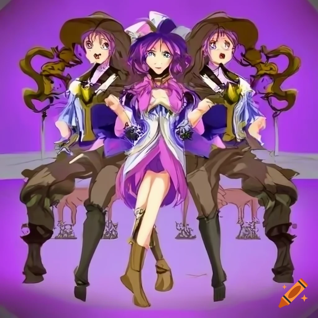 Anime-style illustration of three female musketeers, with purple curly ...
