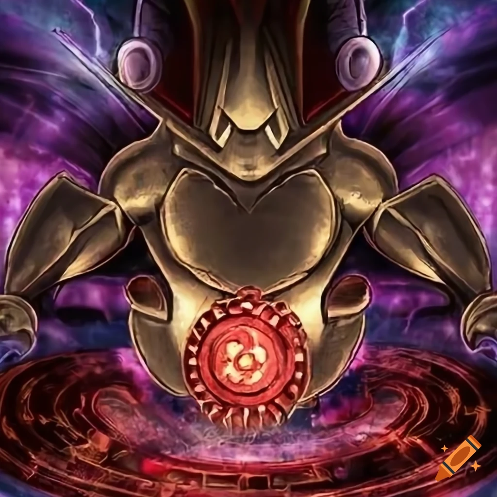 Yu gi oh card art style two brass cogs with red orbs at their center ...