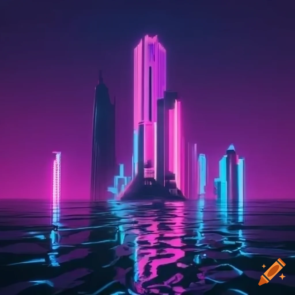 Neon synthwave city, skyscrapers looking up making an x shape