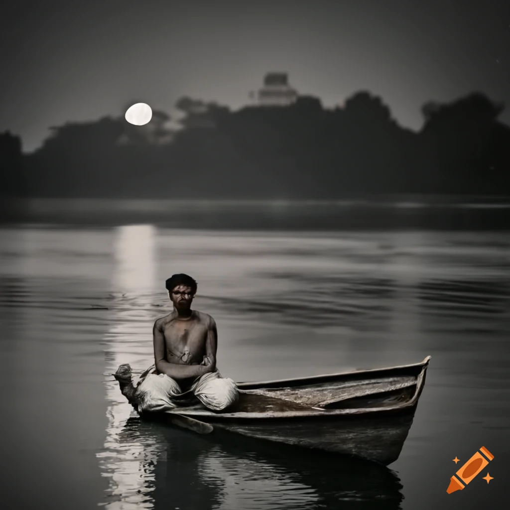 Indian scene on a river bank, a moonlit night time ,a lonely boat man ...