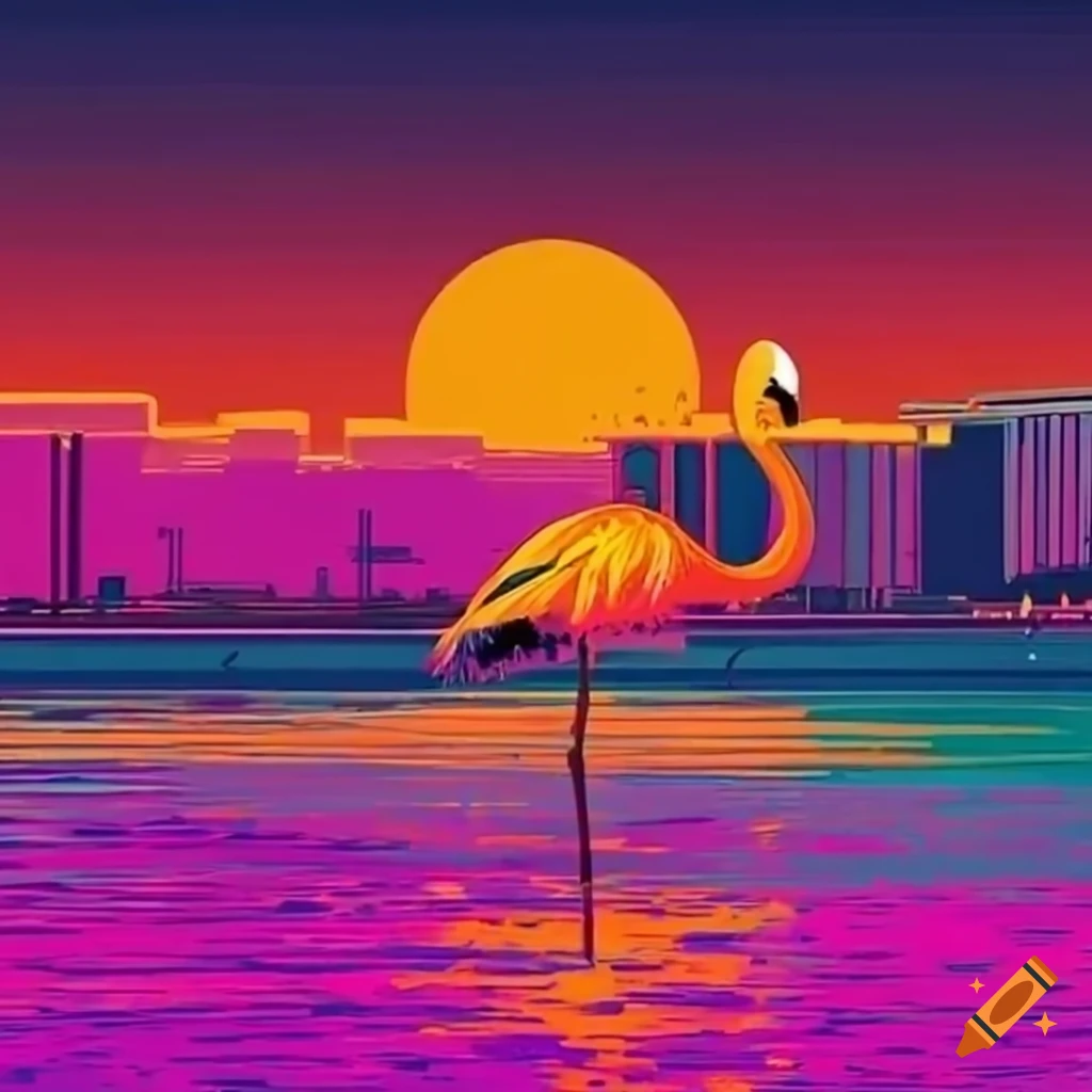 Vibrant sunset in las vegas with a majestic flamingo on Craiyon