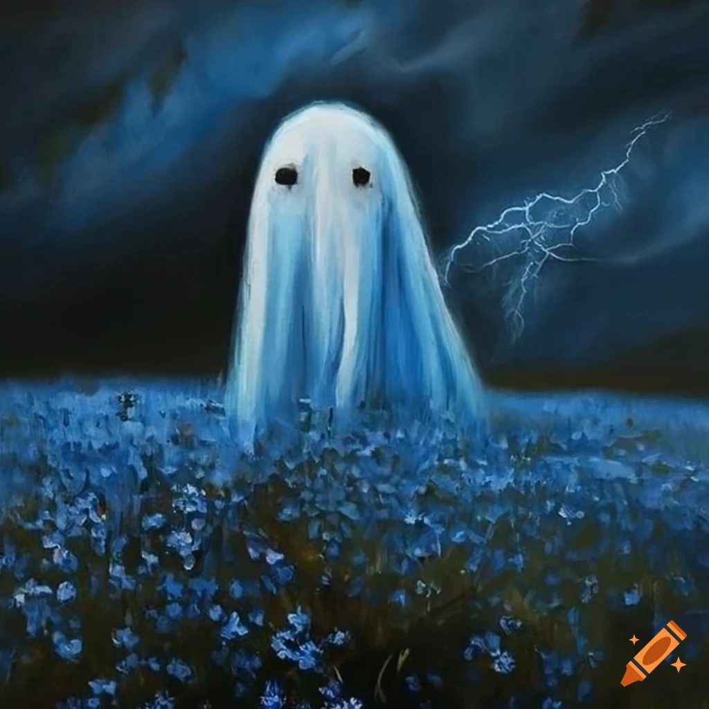 Sheet ghost in a field of blue flowers during a lightning storm, dark ...