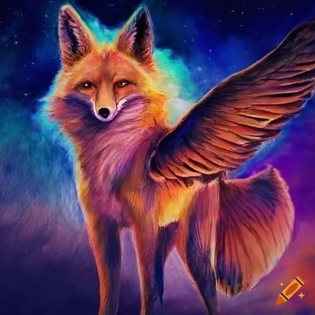 A mythical fox with feathered wings, soaring through enchanted skies ...