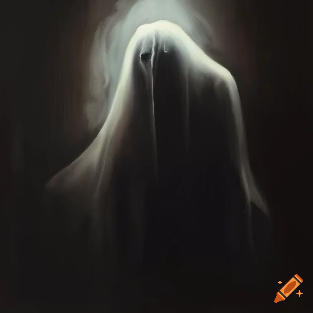 Sheet ghost in a field of flowers, dark oil painting on Craiyon