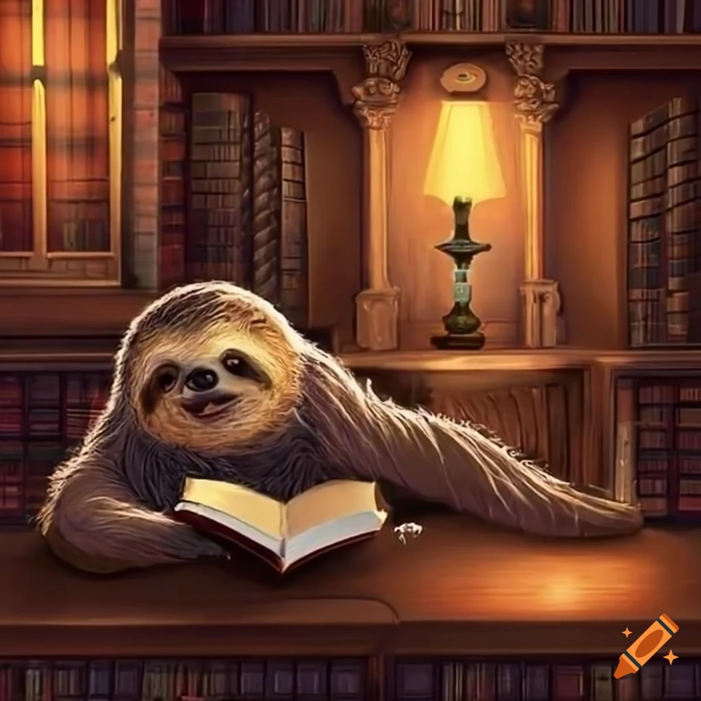Studious sloth enjoying a book in a cozy victorian library