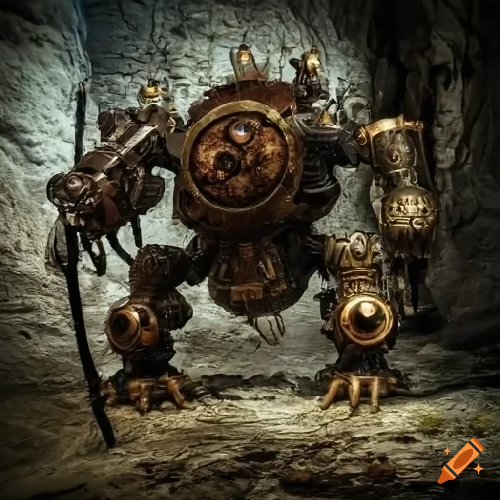 Huge steampunk medieval rat-mech in dark cave