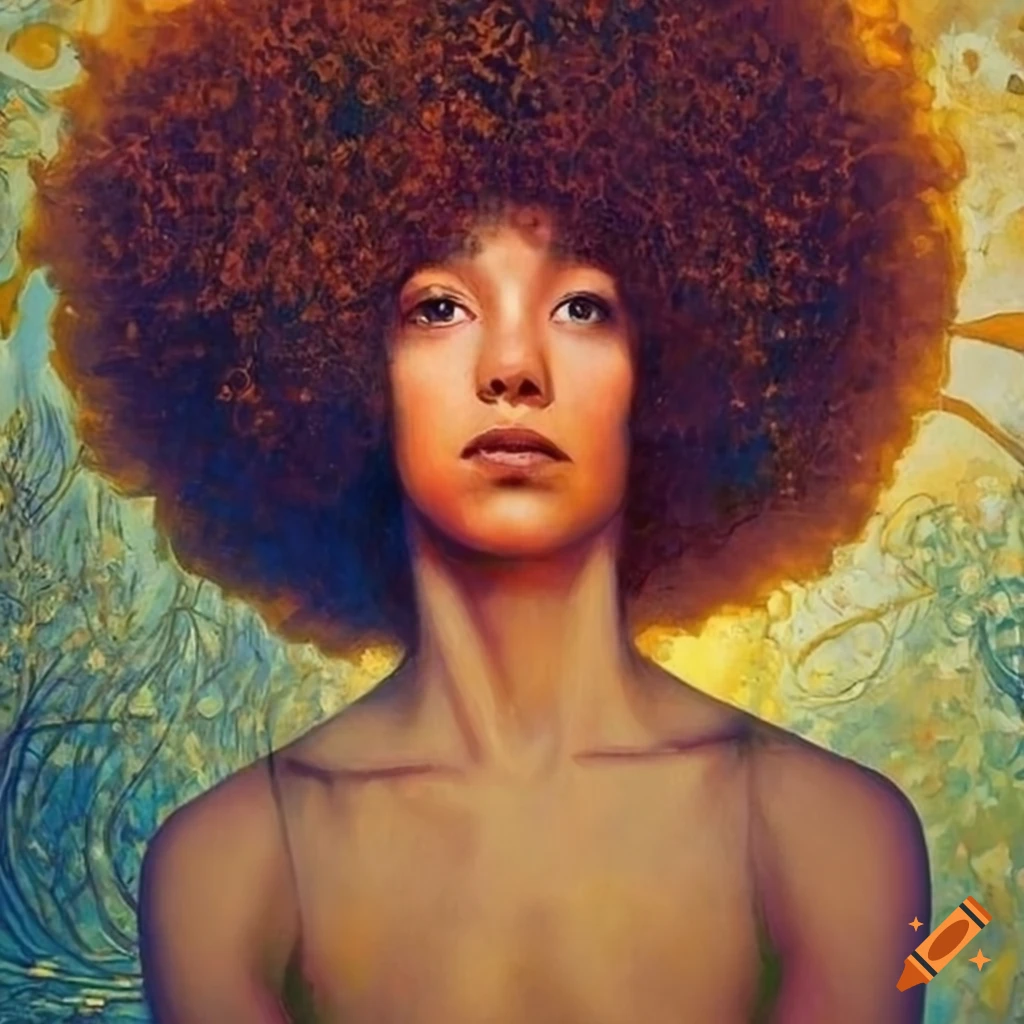 Plain portrait,afro person, textured abstract hair, Surreal planets ...