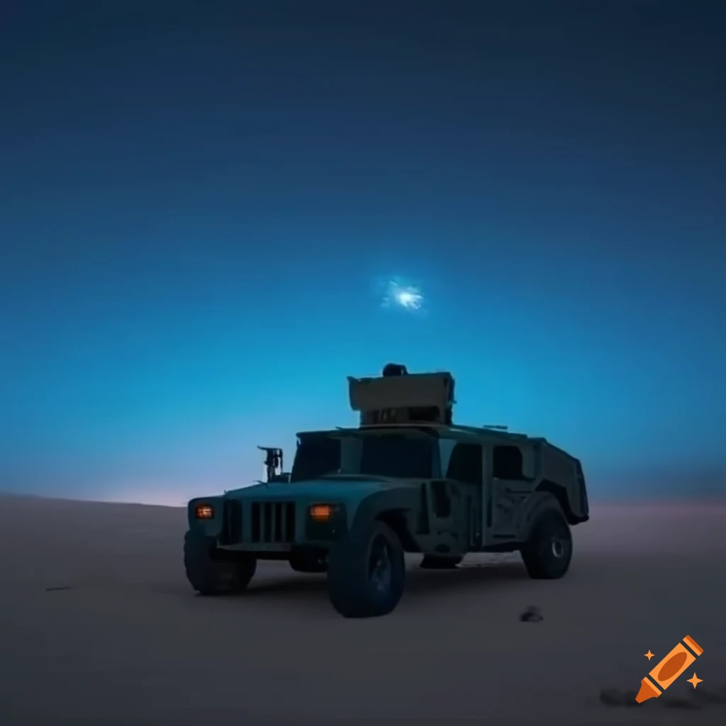 A powerful humvee moving through a desert landscape with a night sky on ...