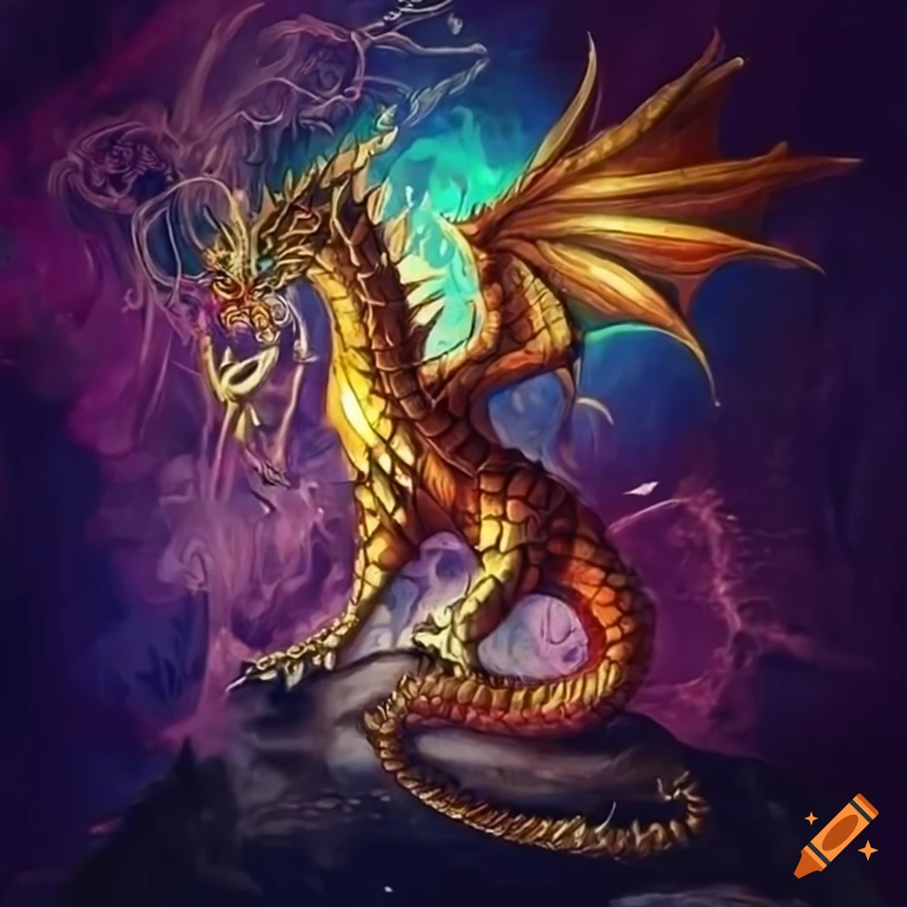 A mythical dragon surrounded by alchemical symbols and elements сера ...