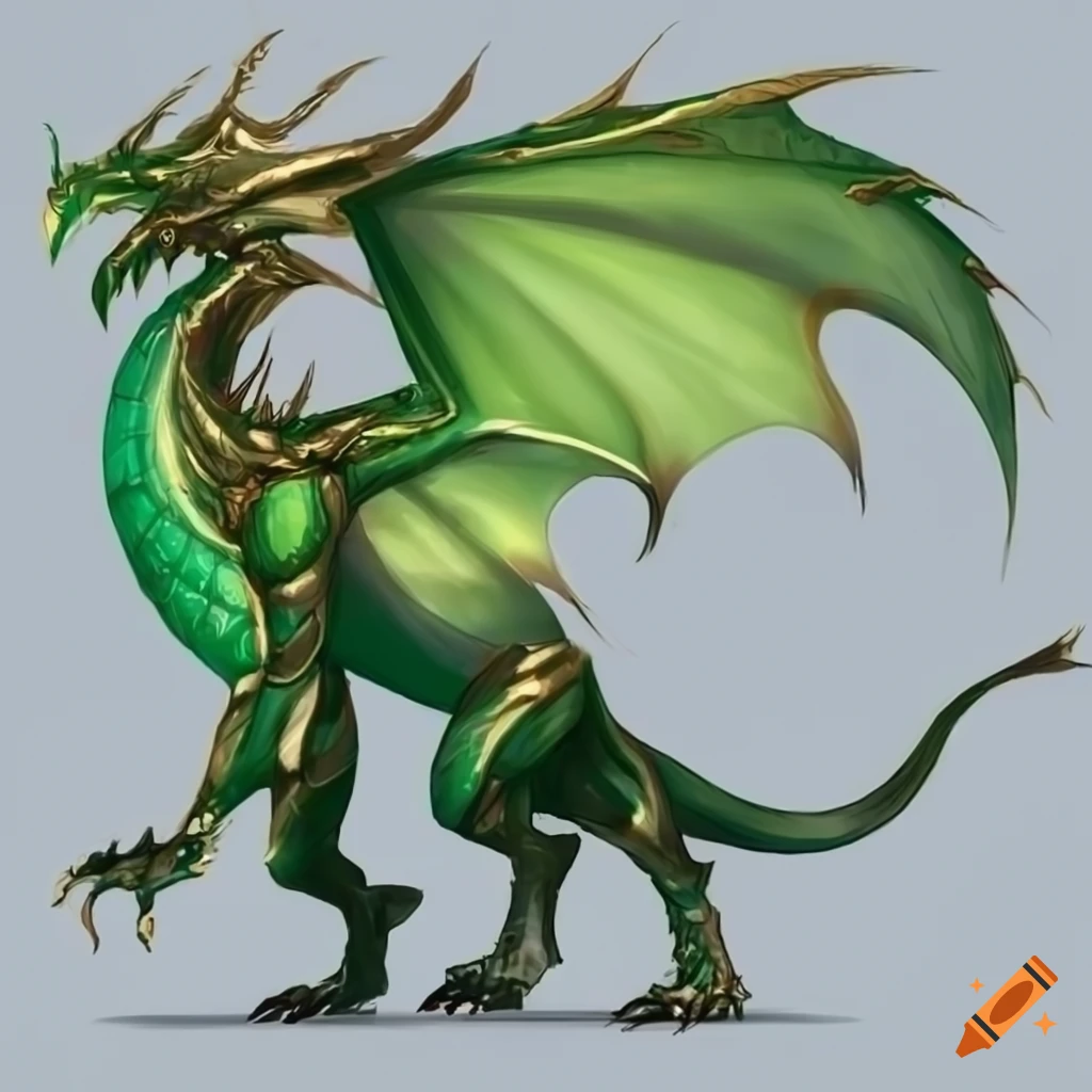 Forest green and gold dragon concept art, full length body with a side ...