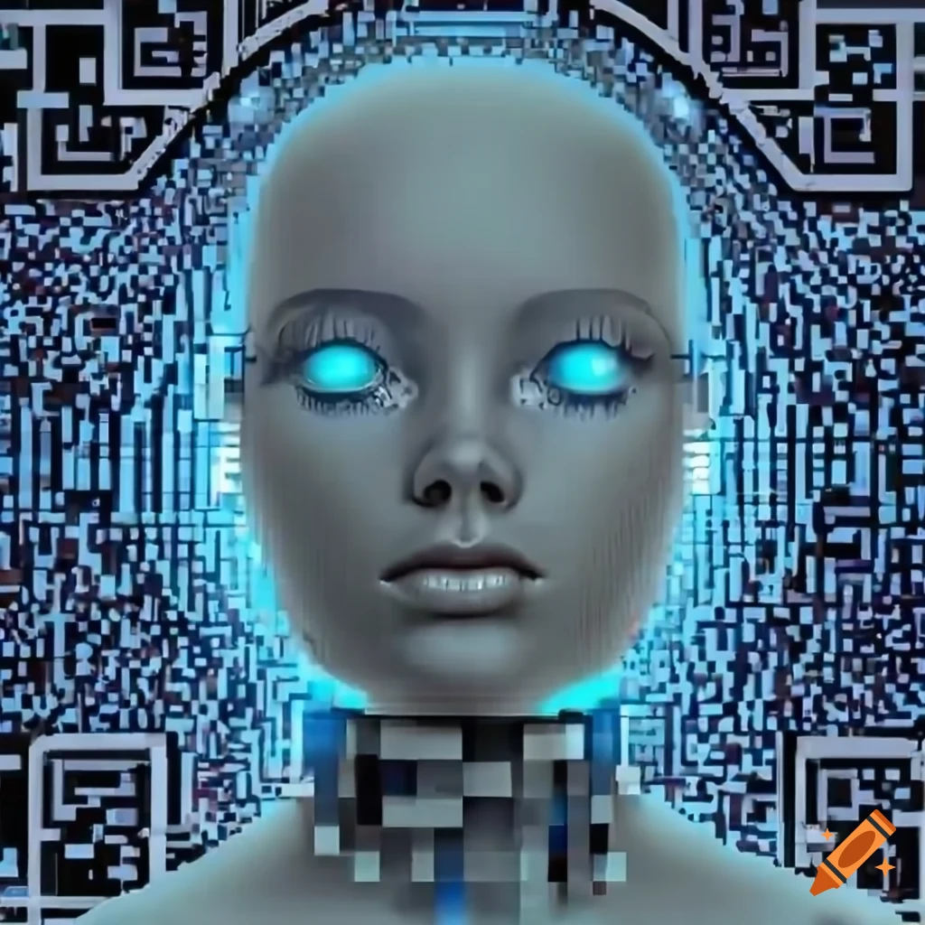 Blue qr code with futuristic humanoid ai elements on Craiyon