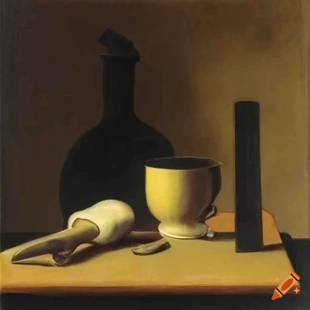 Still life painting of tools on a tabletop by magritte and zurbaran on ...