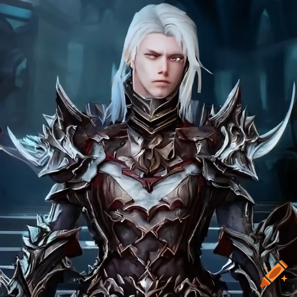 Elric of Melnibone wearing intricate dragon armor in the style of lost ...