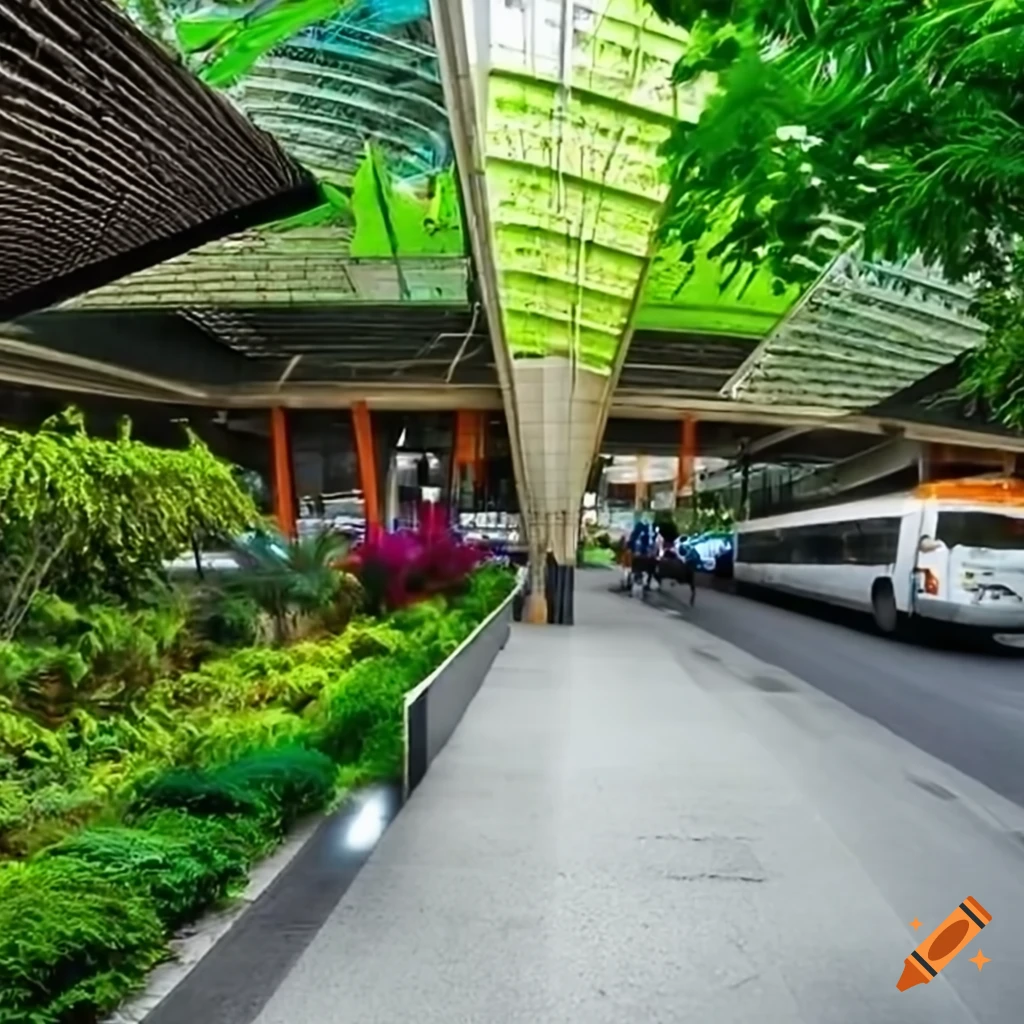 Bus interchange terminal tropical lush vegetation seating around ...