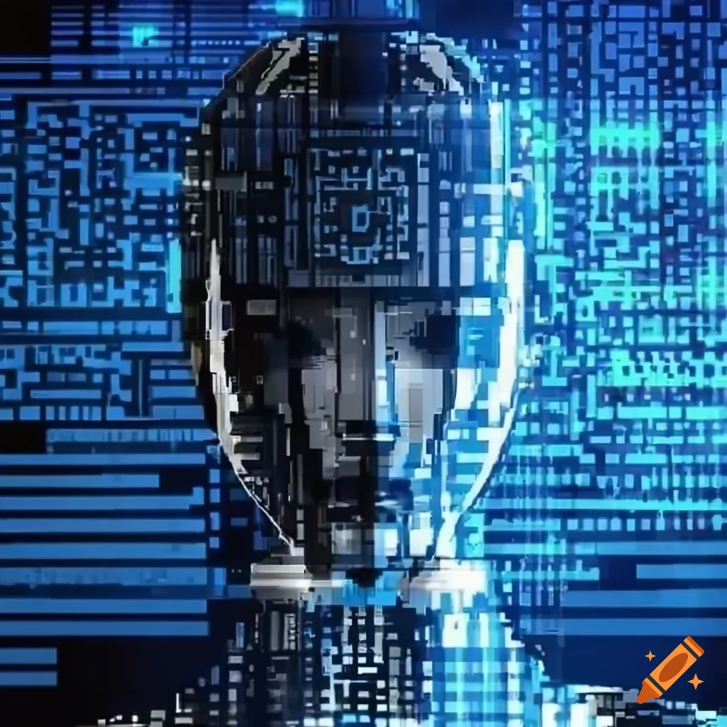 Blue qr code with futuristic humanoid ai elements